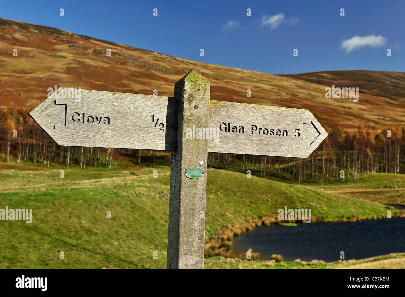 Glen Clova, Glen Prosen sign post by Loch Heath, Glen Clova Stock Photo ...