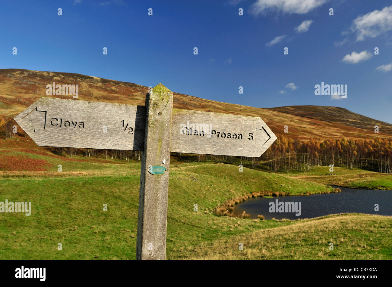 Glen Clova, Glen Prosen sign post by Loch Heath, Glen Clova Stock Photo ...