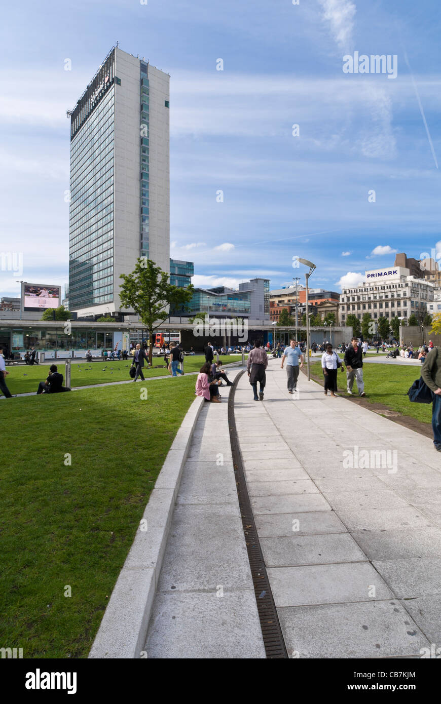 Piccadilly gardens and city tower Manchester Stock Photo - Alamy