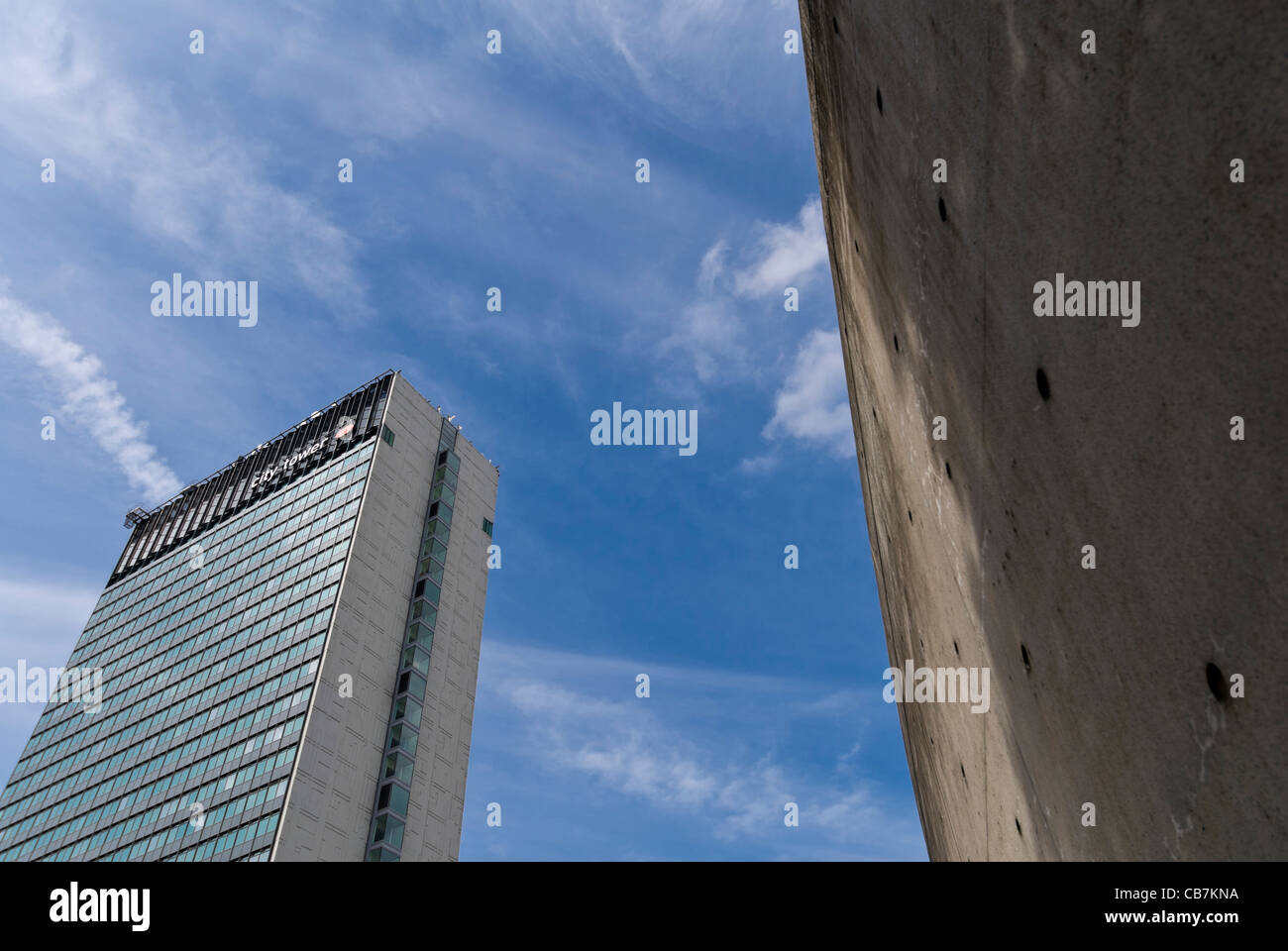 Piccadilly gardens and city tower Manchester Stock Photo - Alamy