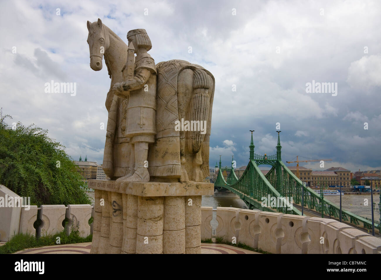 Statue of Saint Stephen (Szent Istvan) overlooking the Danube River and ...