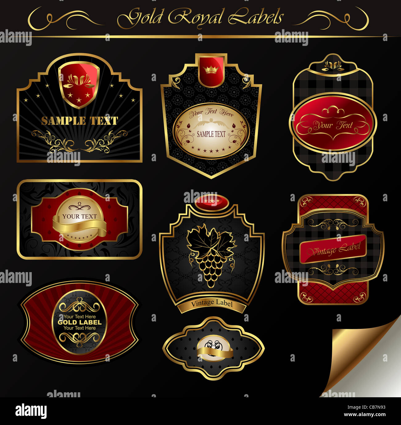 Illustration set golden frames labels with heraldic shield, crown and ...