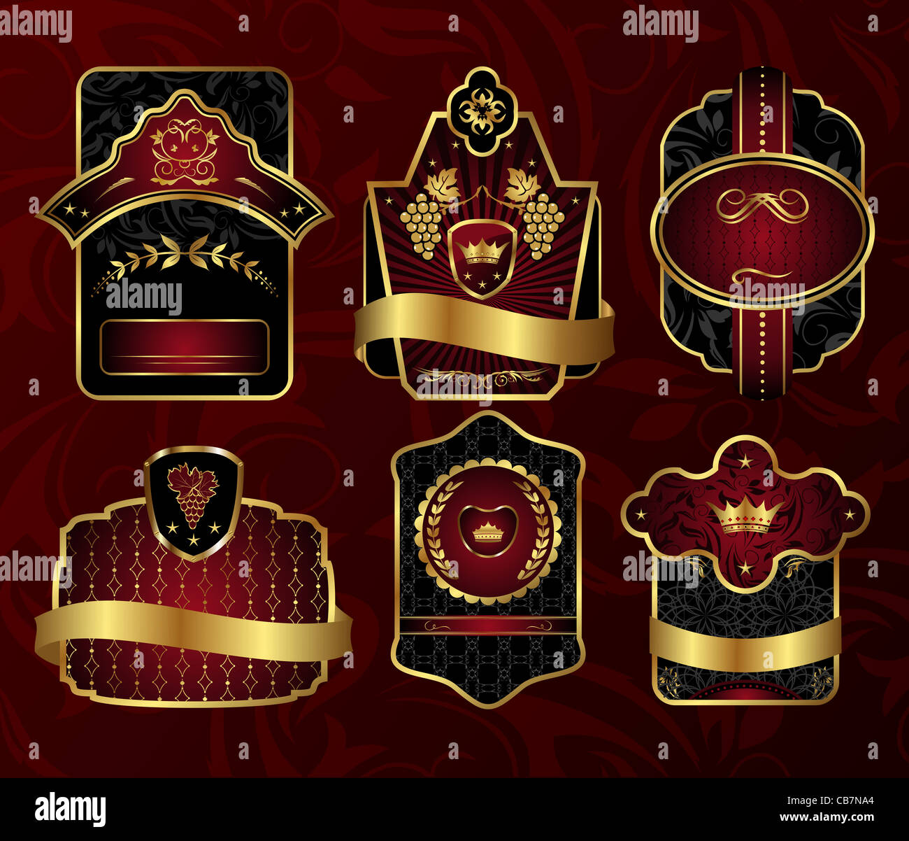 Illustration set golden frames labels with heraldic shield, crown and ...