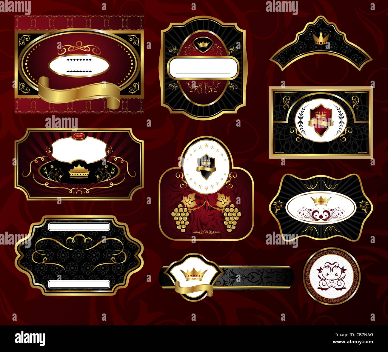Illustration set golden frames labels with heraldic shield, crown and ...