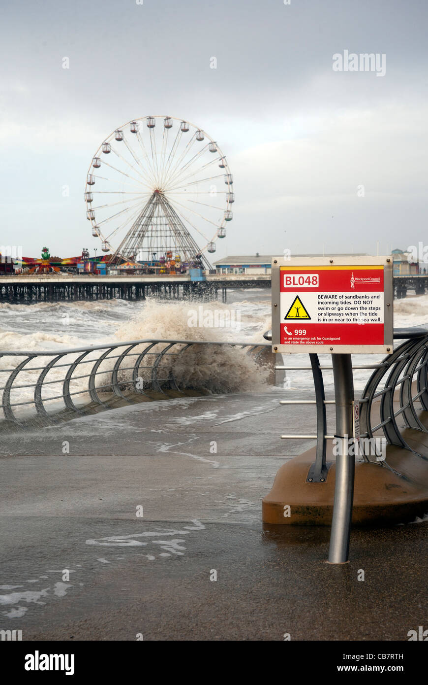 Danger Blackpool seafront signage Take Care and Beware Stock Photo - Alamy