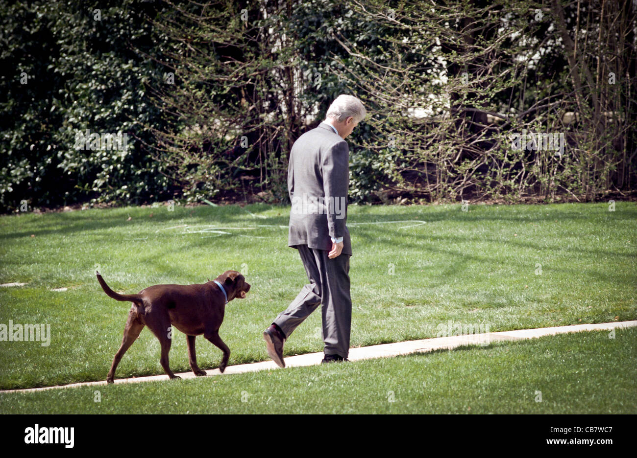 US President Bill Clinton walks with his dog Buddy to the Oval Office ...