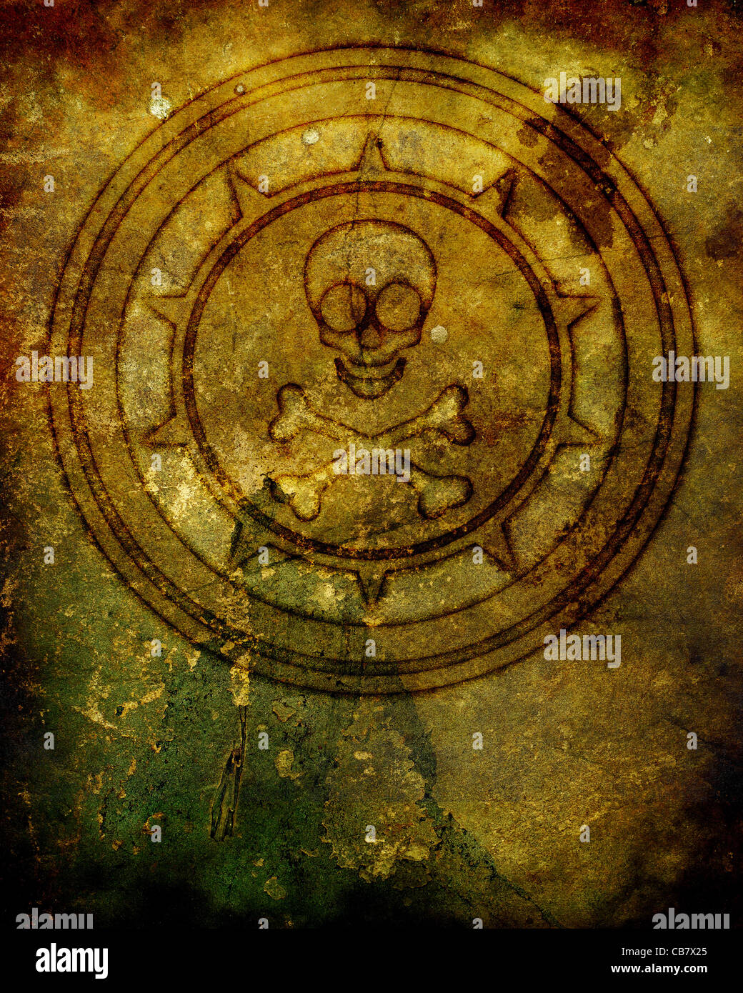 A skull and Crossbones (Jolly Roger) burned into an old, decrepit wall ...