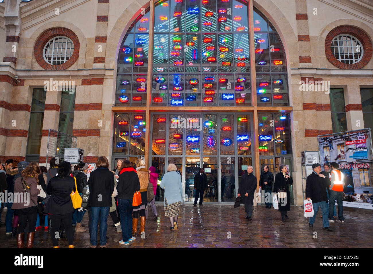 Paris, France, Large Crowd of People, Outside, Courtyard, Centquartre ...