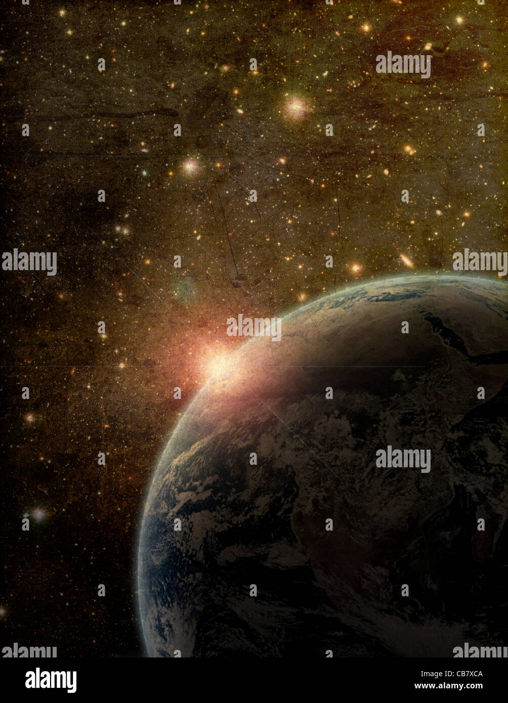 A stylized, distressed and textured, artistic rendition of the Earth ...