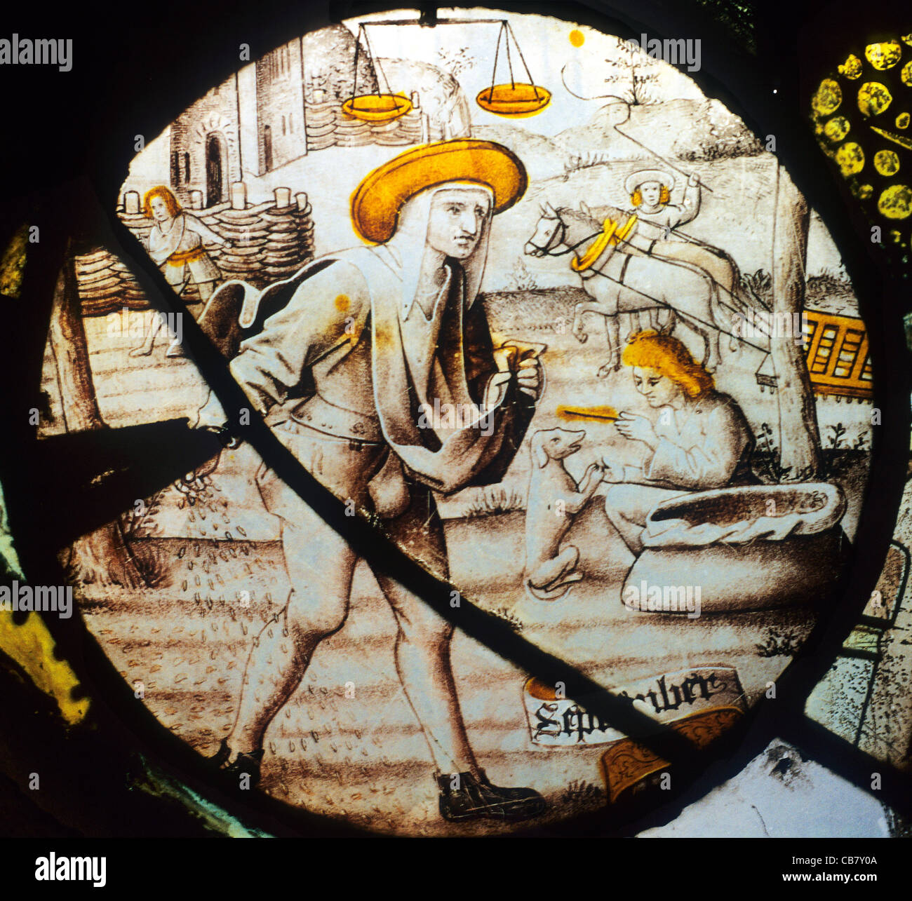 Medieval Stained Glass Roundel window, Labour of the Month, September ...