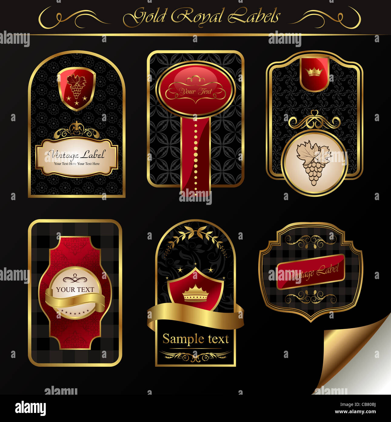 Illustration set golden frames labels with heraldic shield, crown and ...