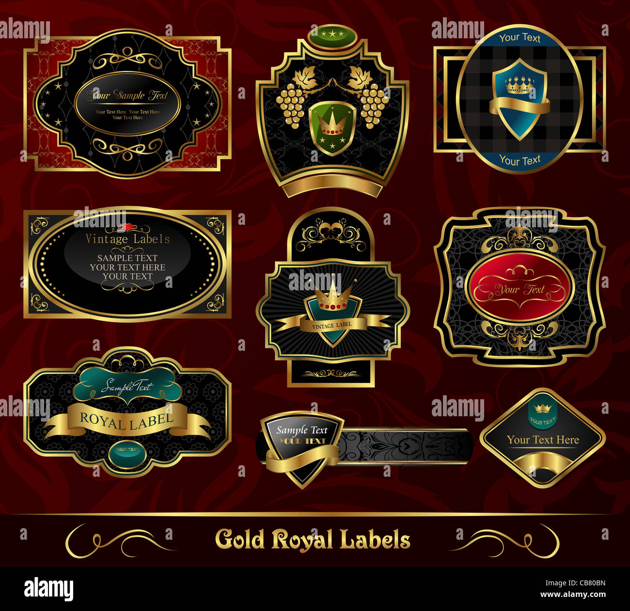 Illustration set golden frames labels with heraldic shield, crown and ...