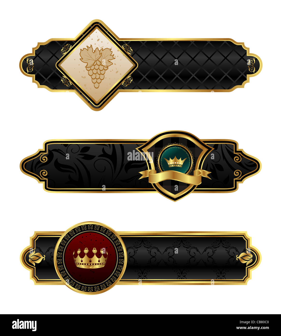 Illustration set golden frames labels with heraldic shield, crown and ...