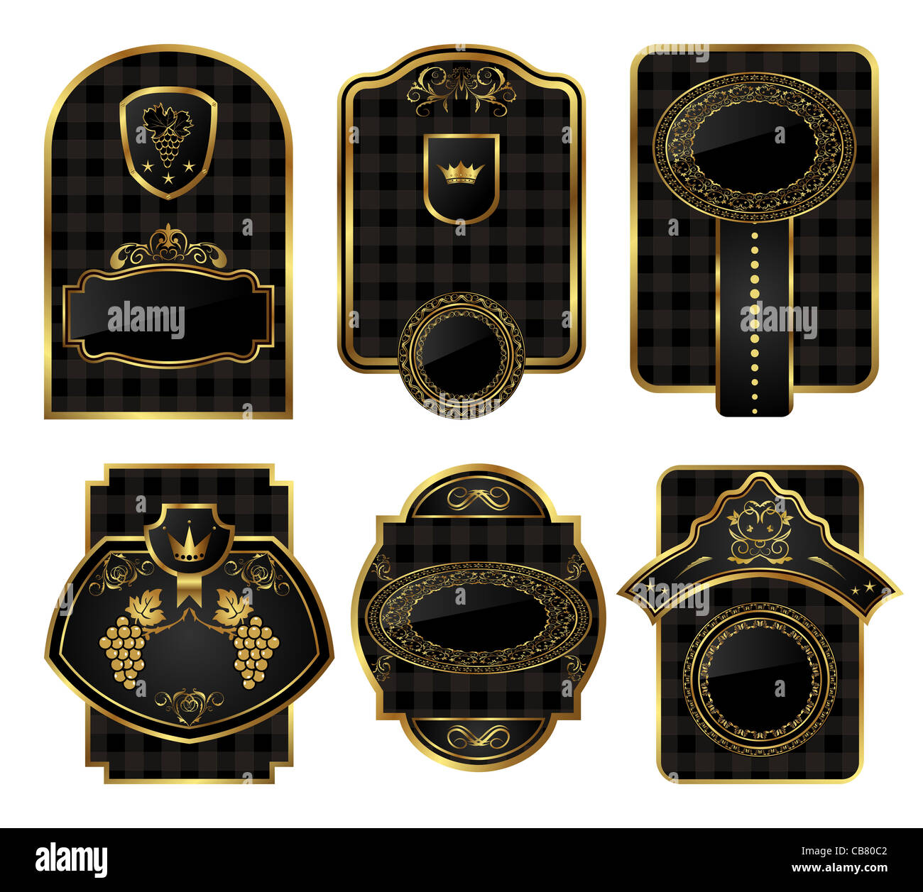 Illustration set golden frames labels with heraldic shield, crown and ...