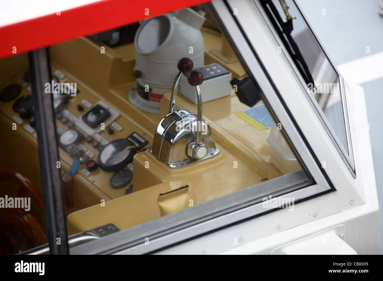 View of the throttle stick and the navigation instruments of a motor ...