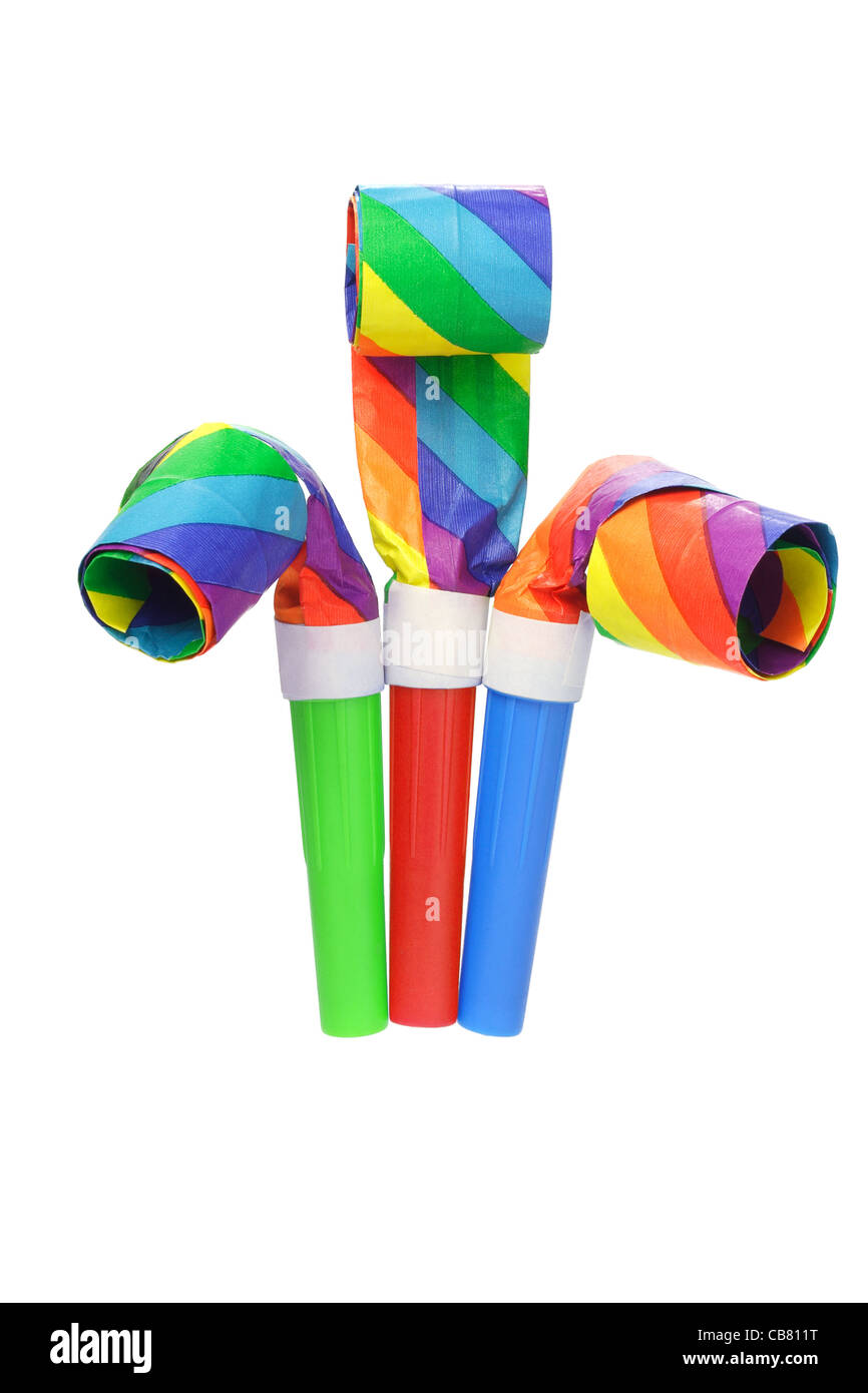 Multicolor party blowers isolated on white background Stock Photo - Alamy
