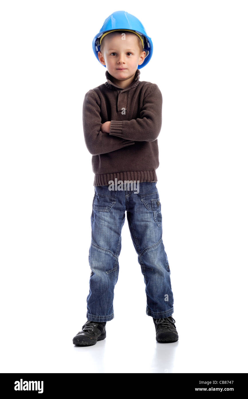 cute little boy , arms crossed, with protection helmet Stock Photo - Alamy