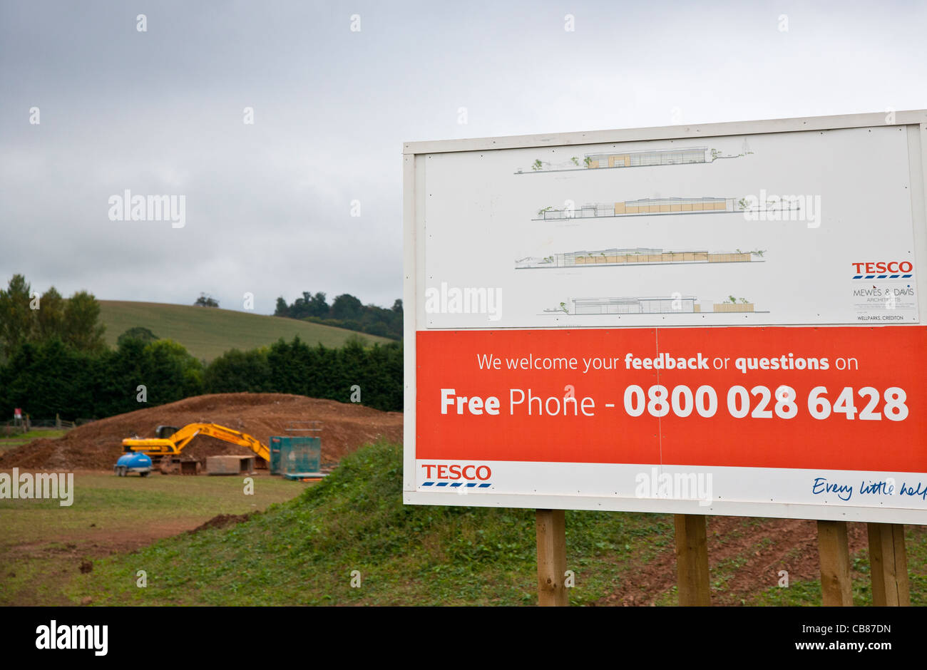 Tesco sign welcoming feedback on a new store development, Devon ...