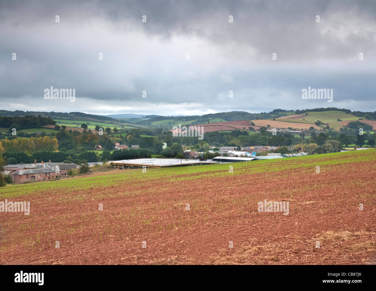 Farm fields and landscape with buildings, Devon, England Stock Photo ...