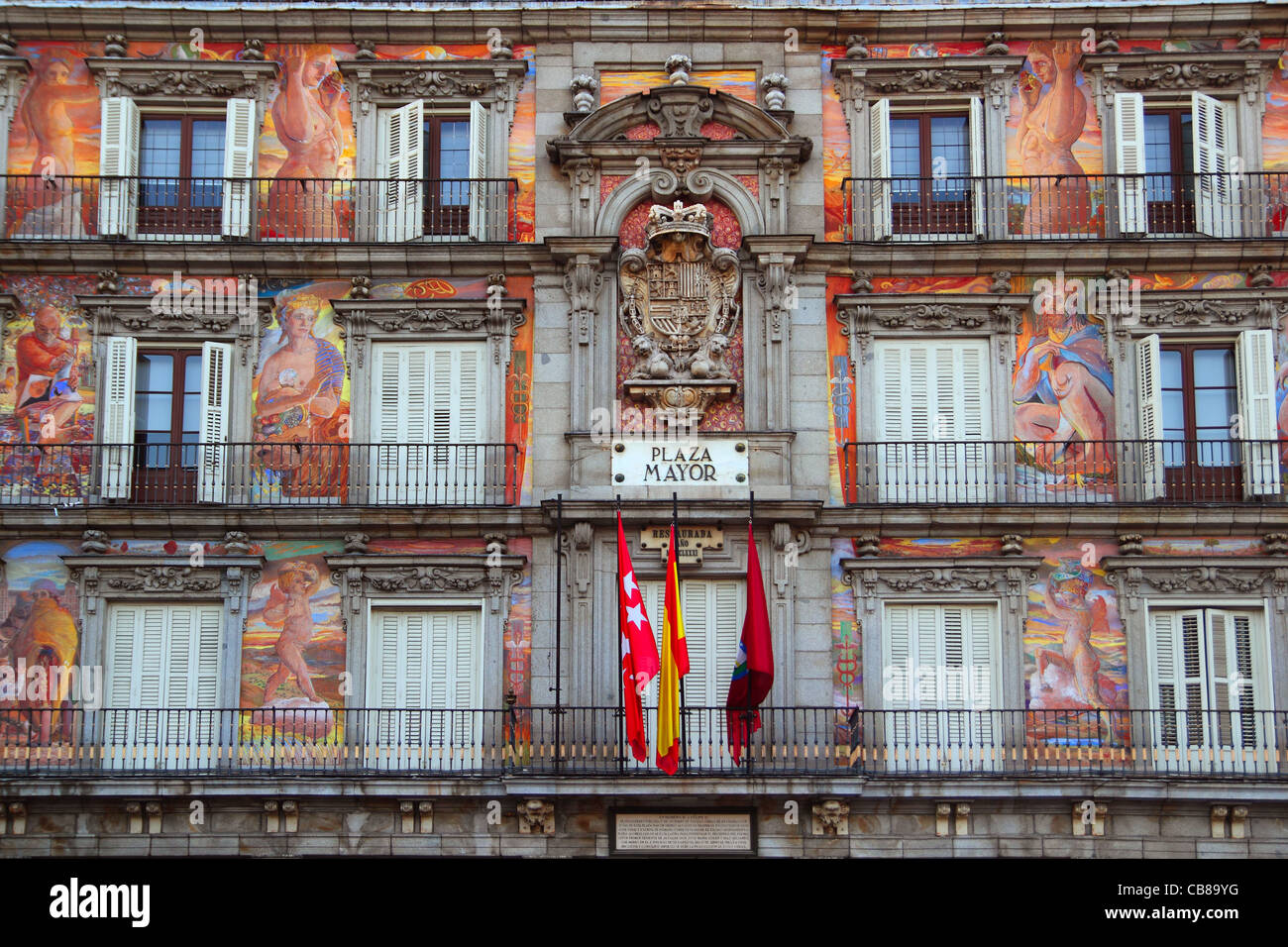 Madrid Plaza Mayor colorful facade typical square in Spain Stock Photo ...