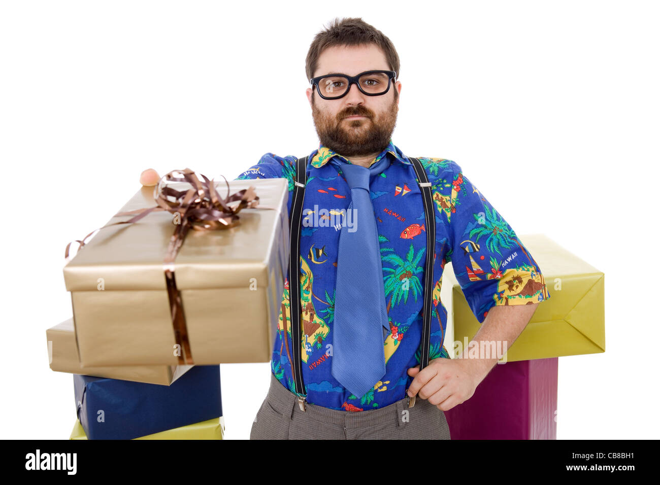 happy silly salesman with some boxes, isolated on white Stock Photo - Alamy