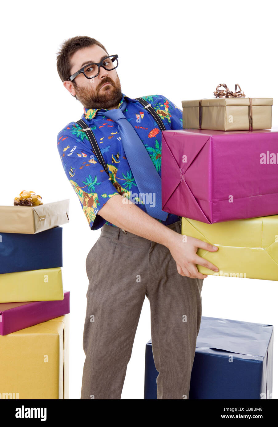 happy silly salesman with some boxes, isolated on white Stock Photo - Alamy