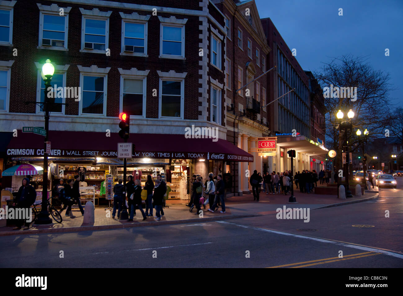 Intersection on Harvard Square with student bookshops and restaurants ...
