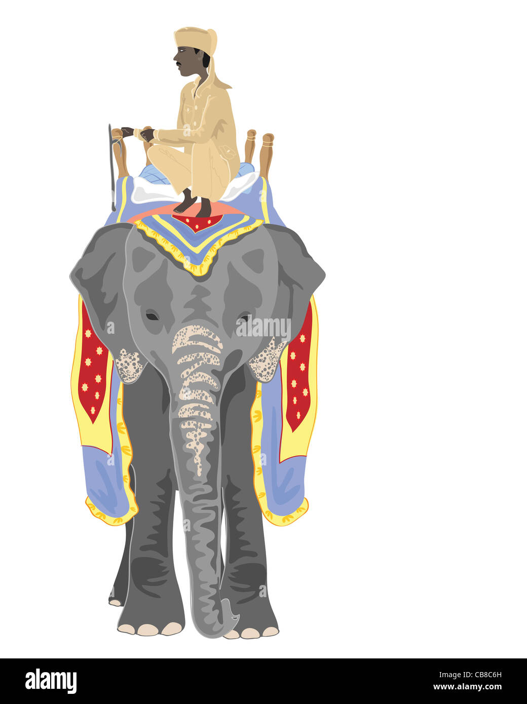 an illustration of a decorative indian elephant with mahout on a white ...
