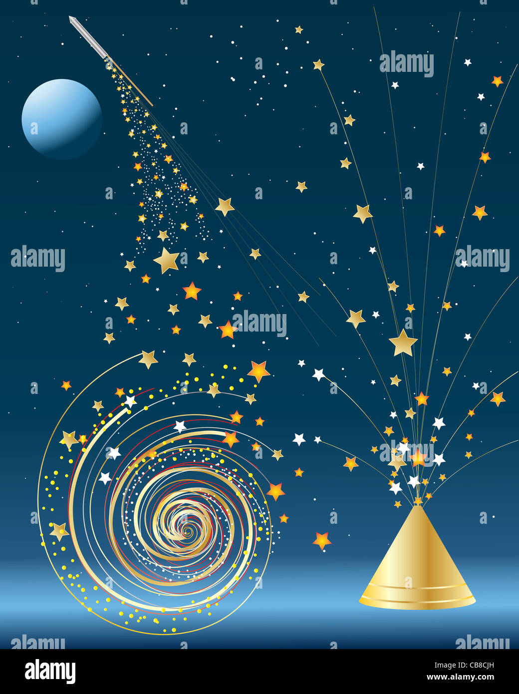 an illustration of a variety of fireworks in a starry night sky Stock ...