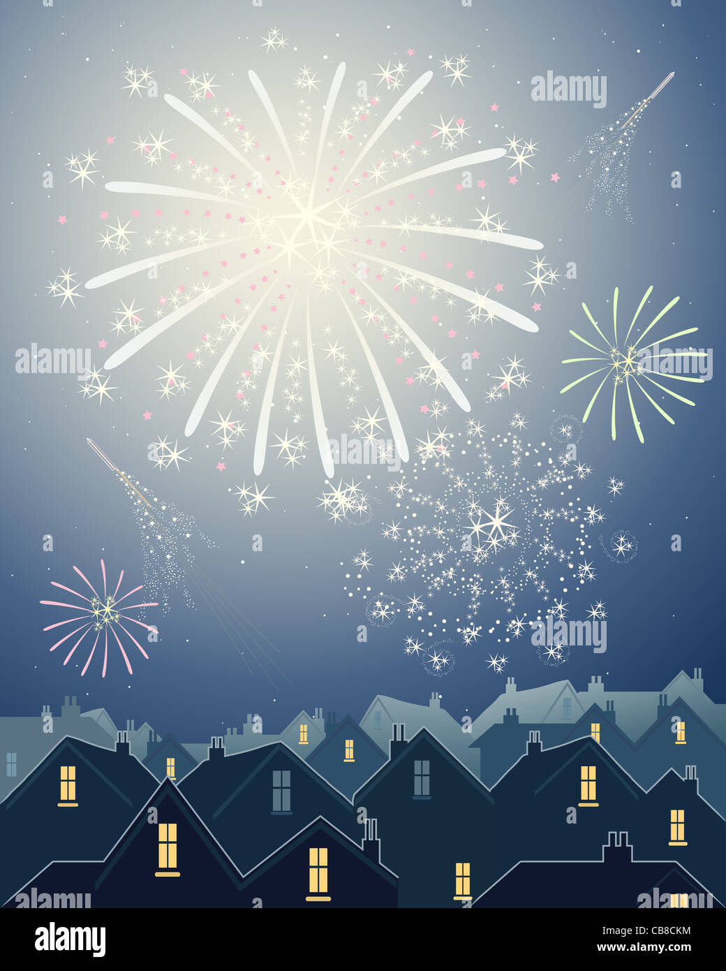 an illustration of beautiful fireworks in a night time starry sky over ...
