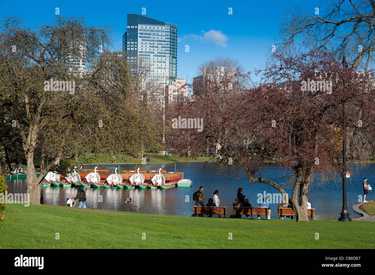 Boston skyline in spring with Public Garden lagoon and people walking ...