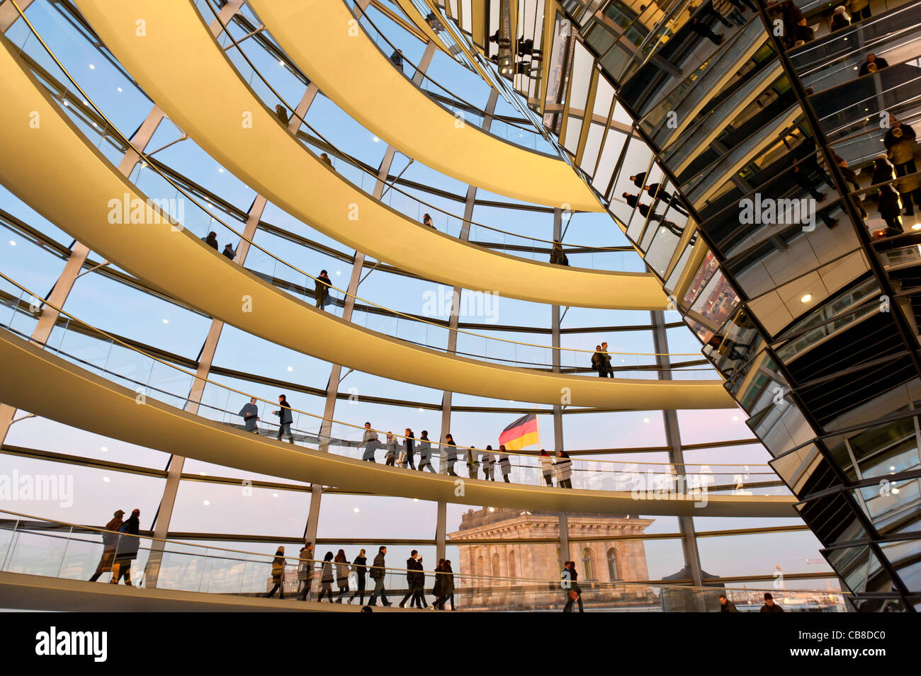 View of the glass dome above debating chamber in the evening at the ...