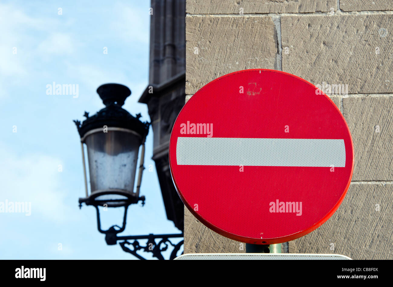 old town lamp and road sign stop Stock Photo - Alamy