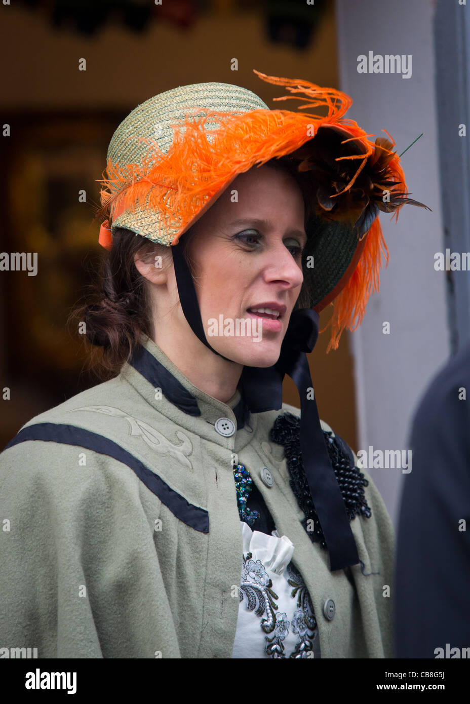 A young lady wearing a bonnet at the Ulverston Dickensian Festival 2011 ...