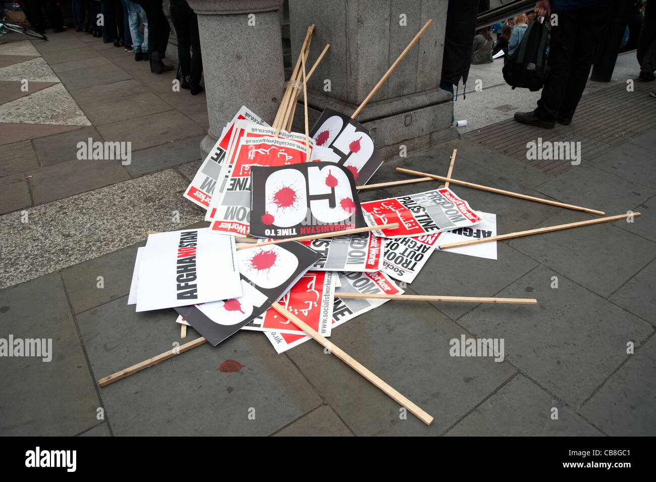Protest signs on ground in Piccadilly Circus, London, UK Stock Photo ...
