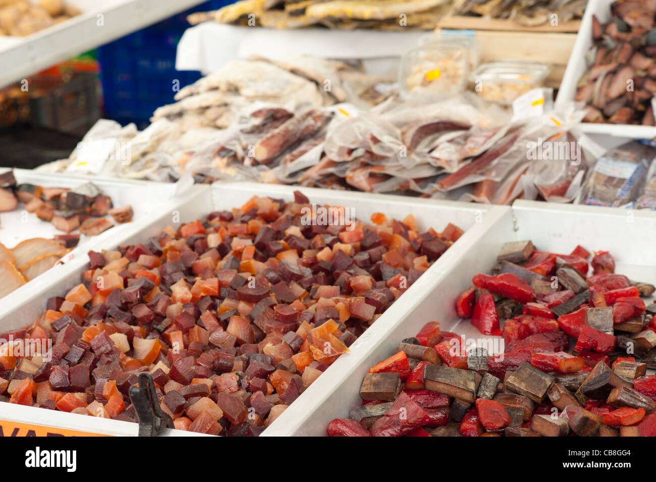 Stall with a big variety of salt-cured fish Stock Photo - Alamy
