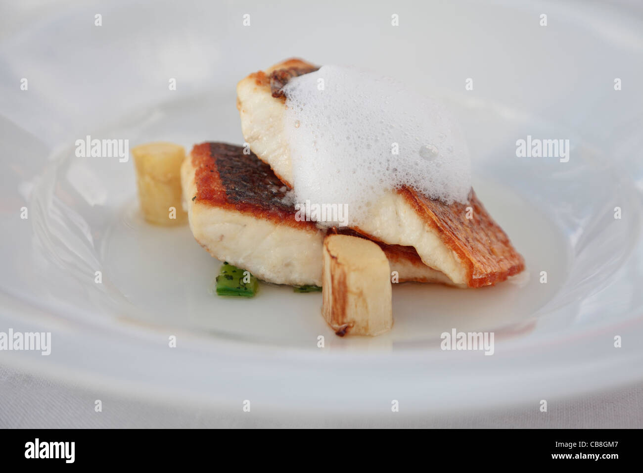 Sama fish fillets grilled and served with white asparagus and a lime ...