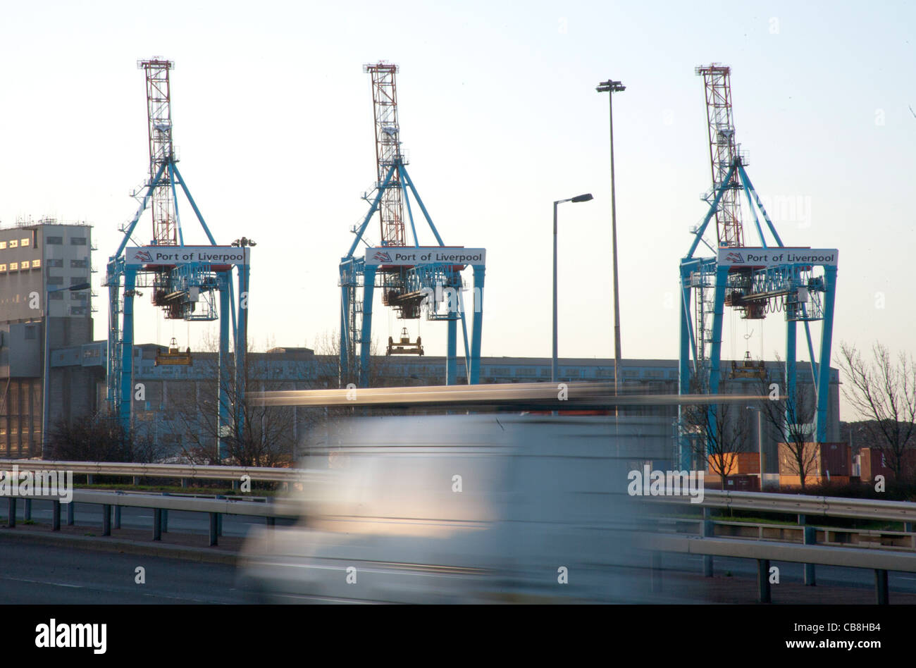 Dock Cranes and the ship Navios Orion in dock at the Port of Liverpool ...