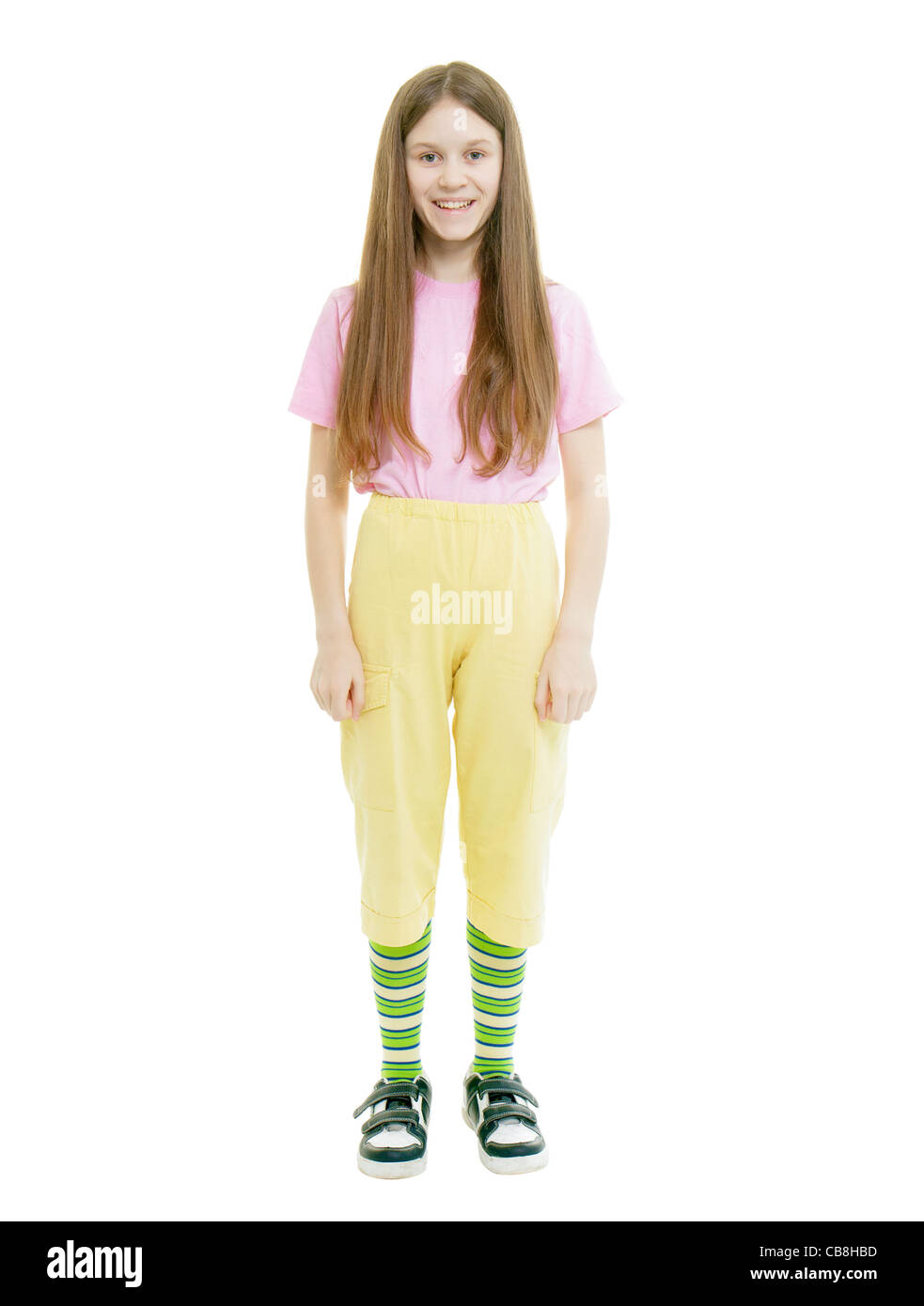 Teen girl in a bright summer clothes on the isolated white background ...
