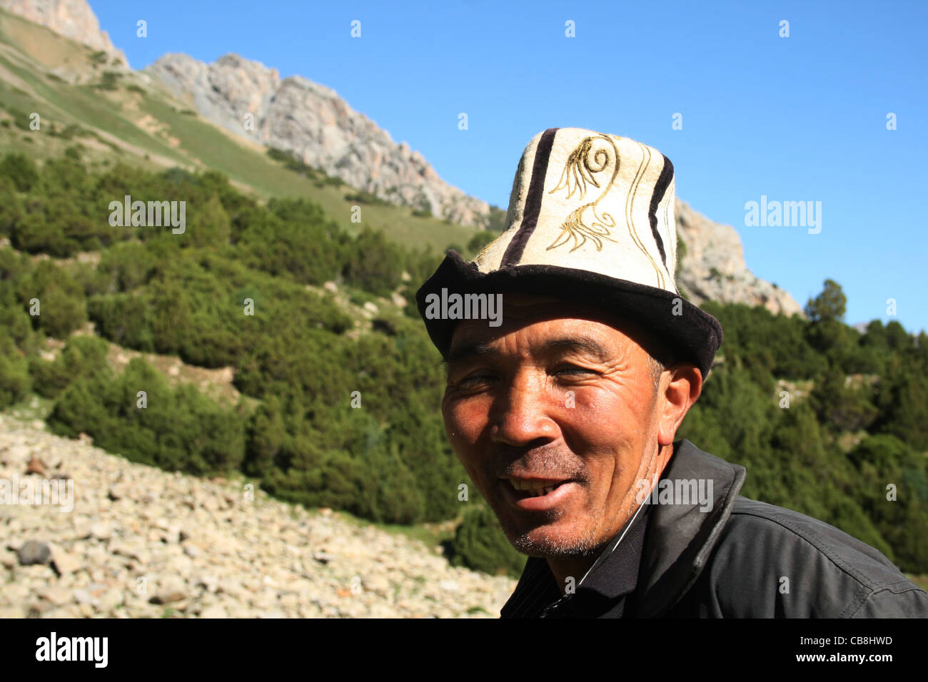 Kyrgyz village man with traditional "kalpak" hat, Isfayramsai valley ...