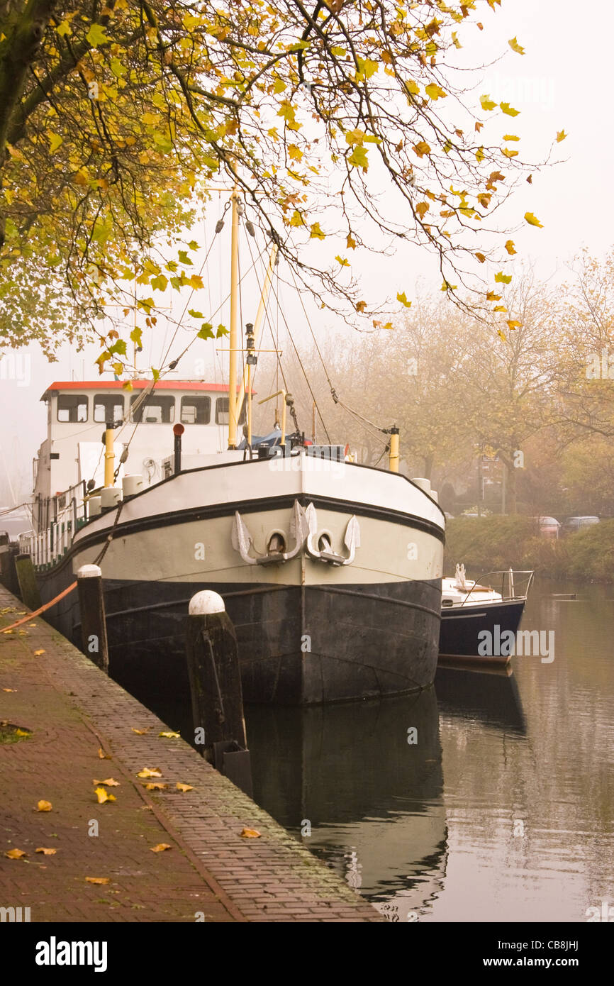 Ship and mist in harbour with autumn colors all around Stock Photo - Alamy