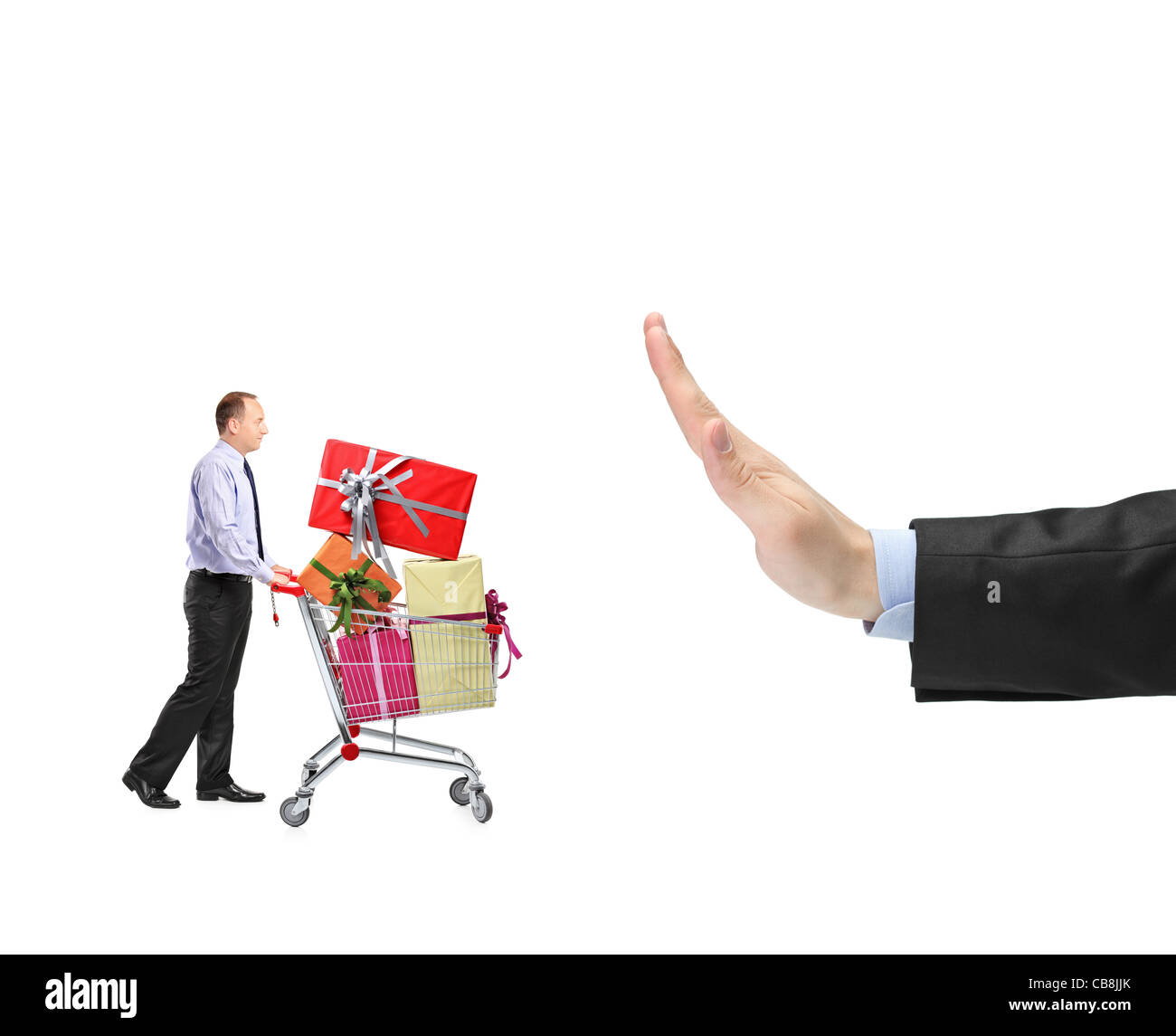 Man pushing a shopping cart full with presents and a hand gesturing ...
