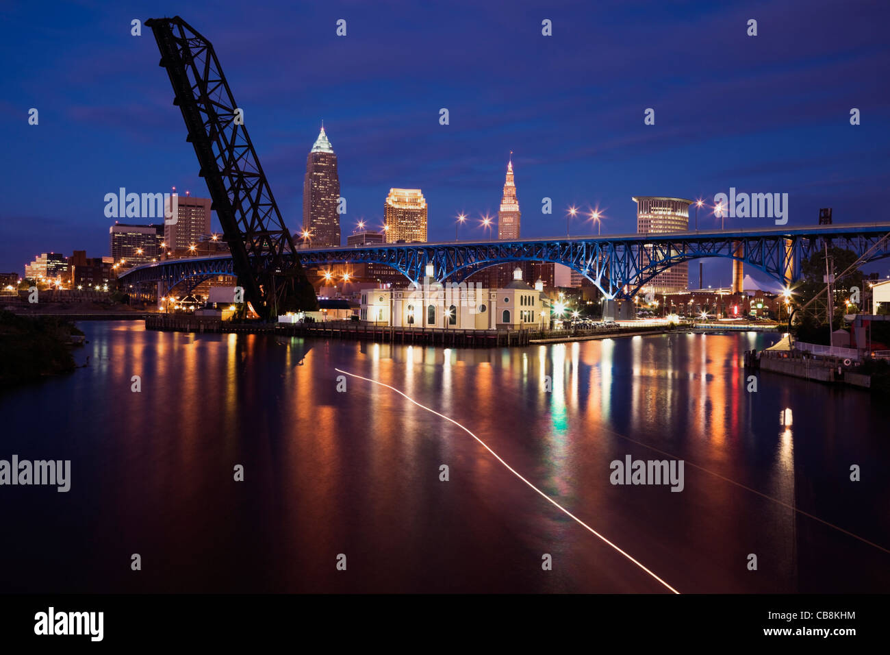 Boat on Cuyahoga River in downtown of Cleveland Stock Photo - Alamy