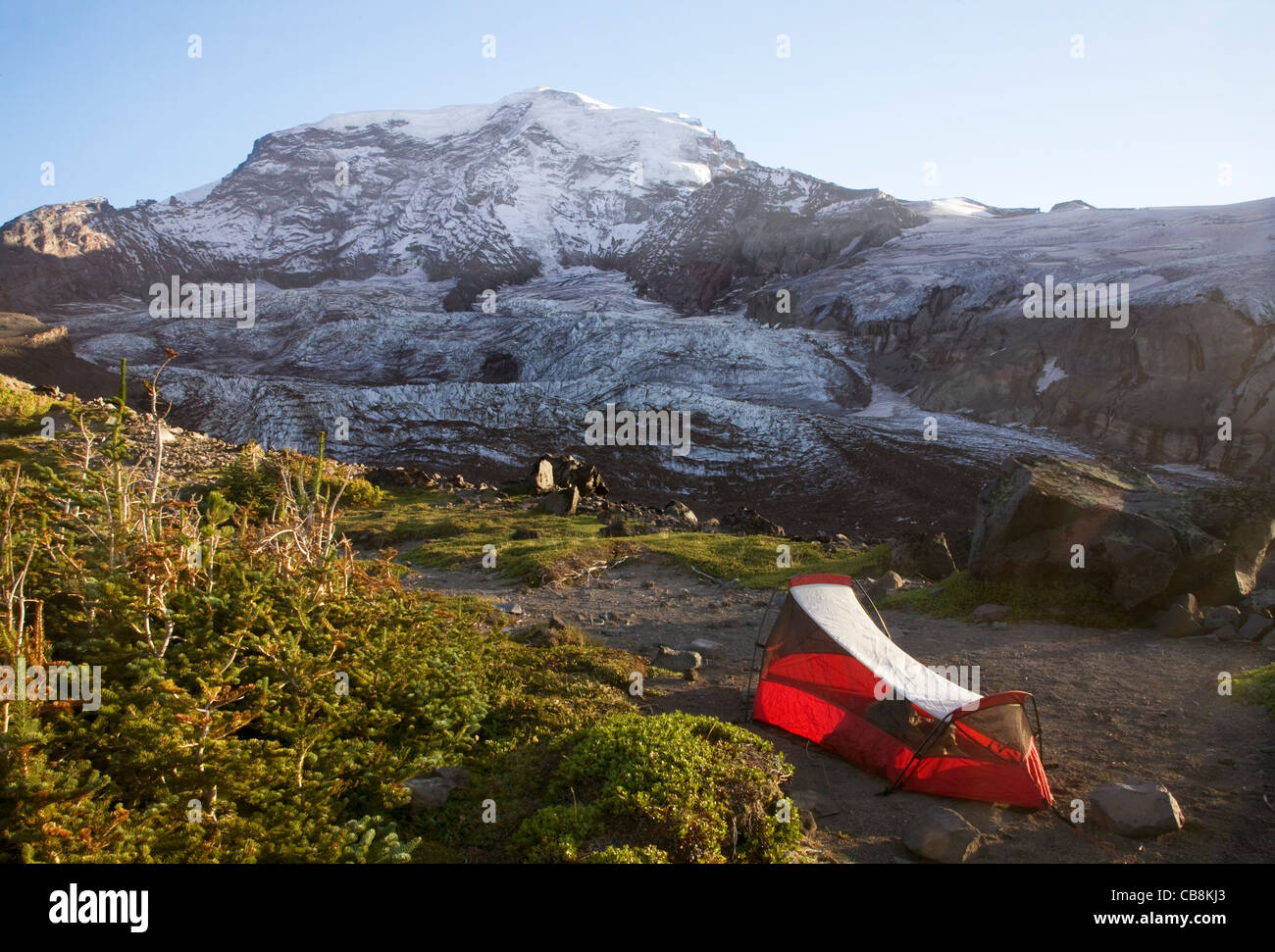 Campsite on Curtis Ridge overlooking the Carbon Glacier below Mount ...