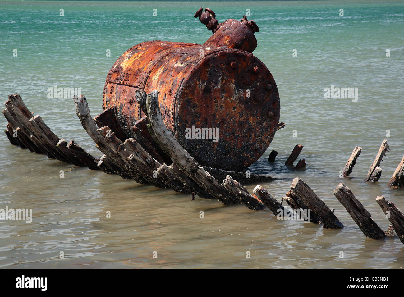 An old rotten boat with the steam boiler still remaining. Bluff, New ...
