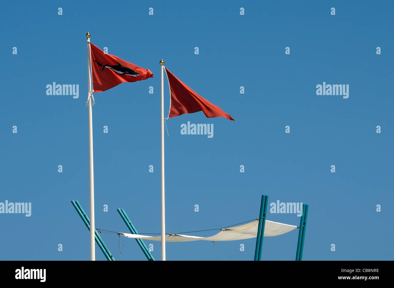 New shark flags on Reunion island beach Stock Photo - Alamy