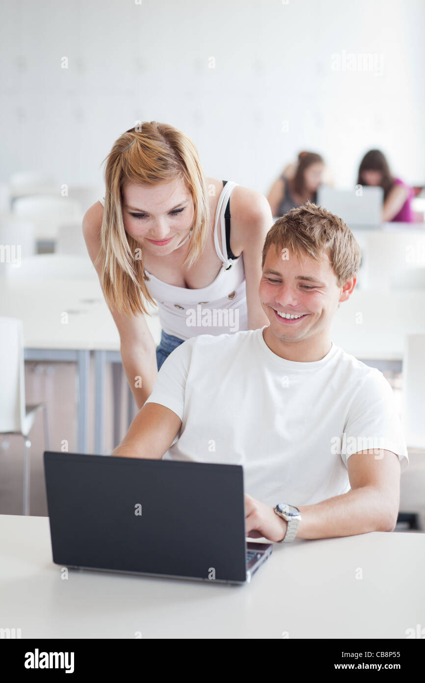 two college students having fun studying together, using a laptop ...