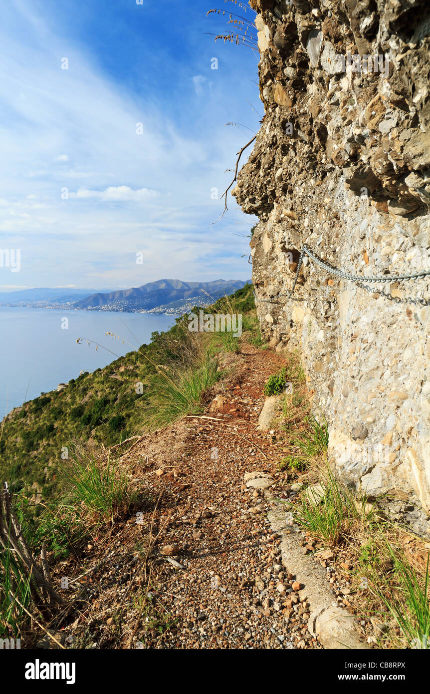 pathway equipped with chains in Portofino Natural Park, Italy Stock ...