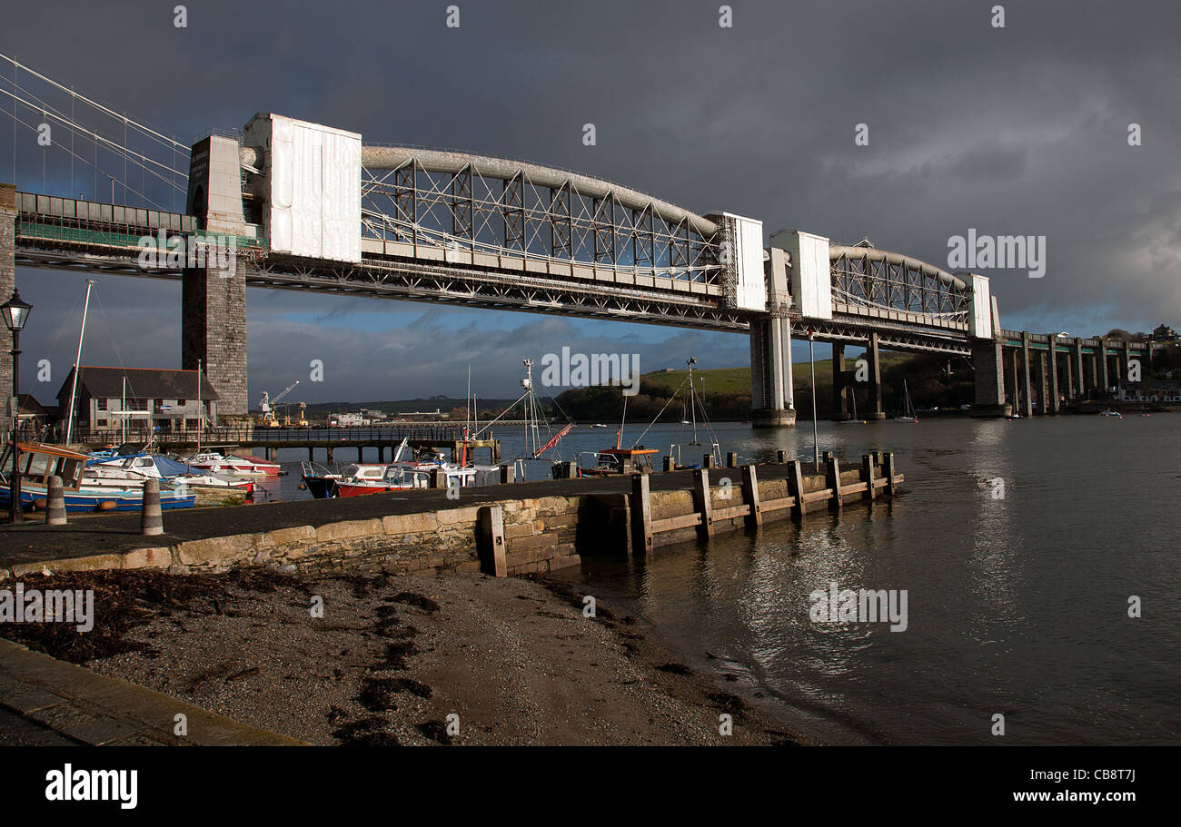 The Royal Albert Bridge, Saltash, with it's restoration work in ...
