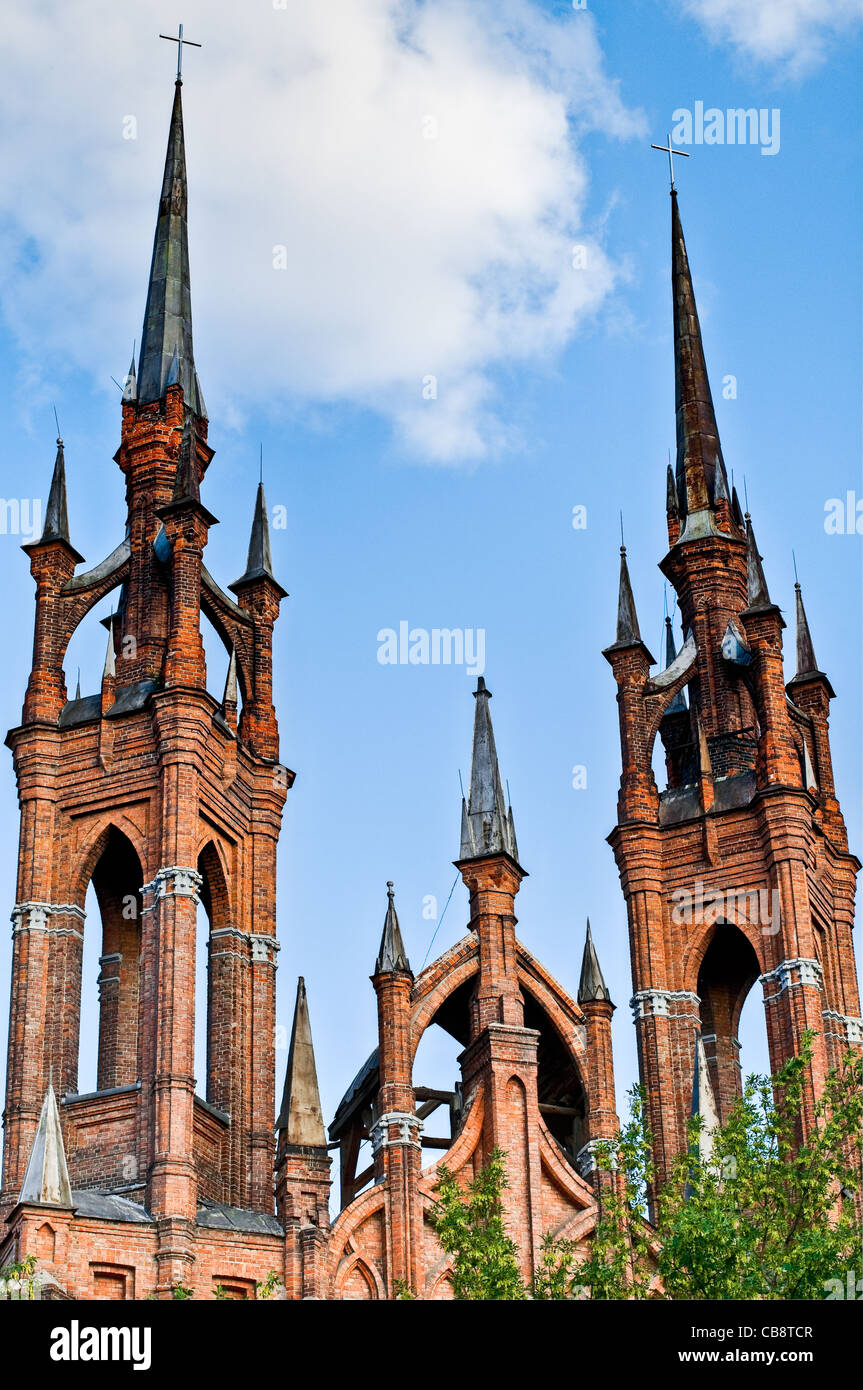 fairy tale, castle like catholic church with blue sky in background ...